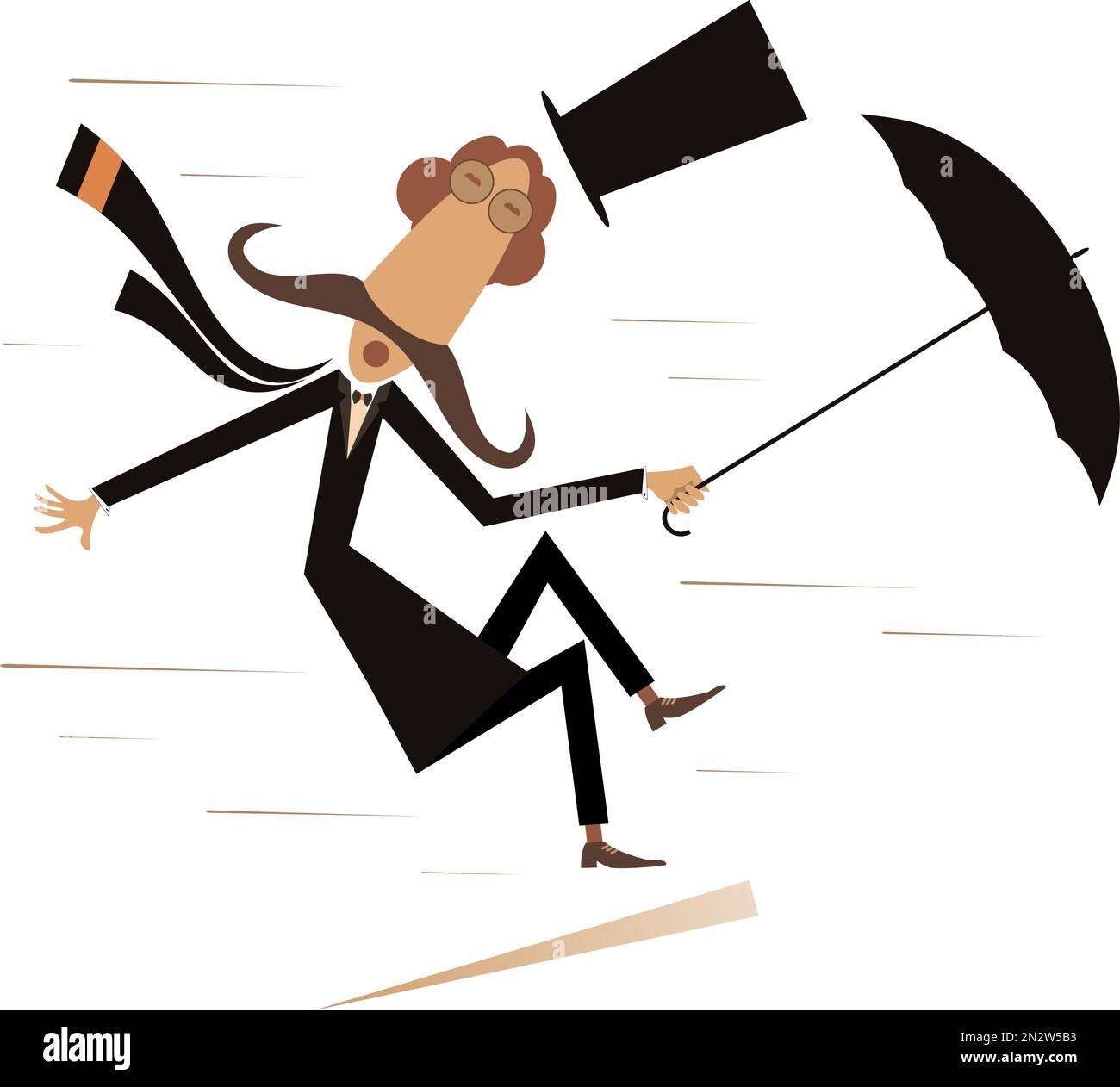 Cartoon man, umbrella and windy day isolated. Funny long mustache man ...