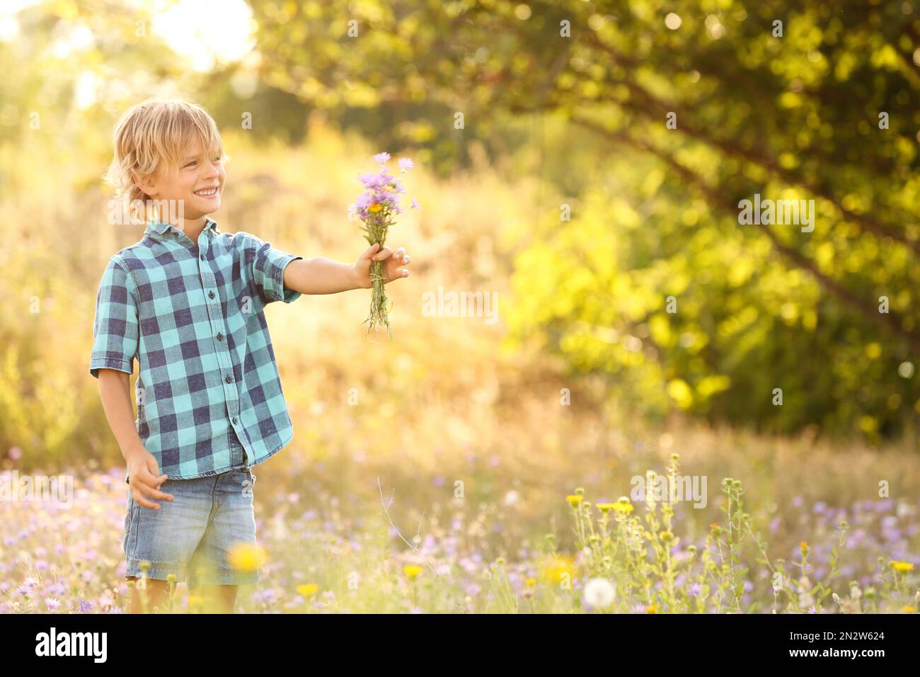 Cute little boy with bouquet of wildflowers outdoors, space for text ...
