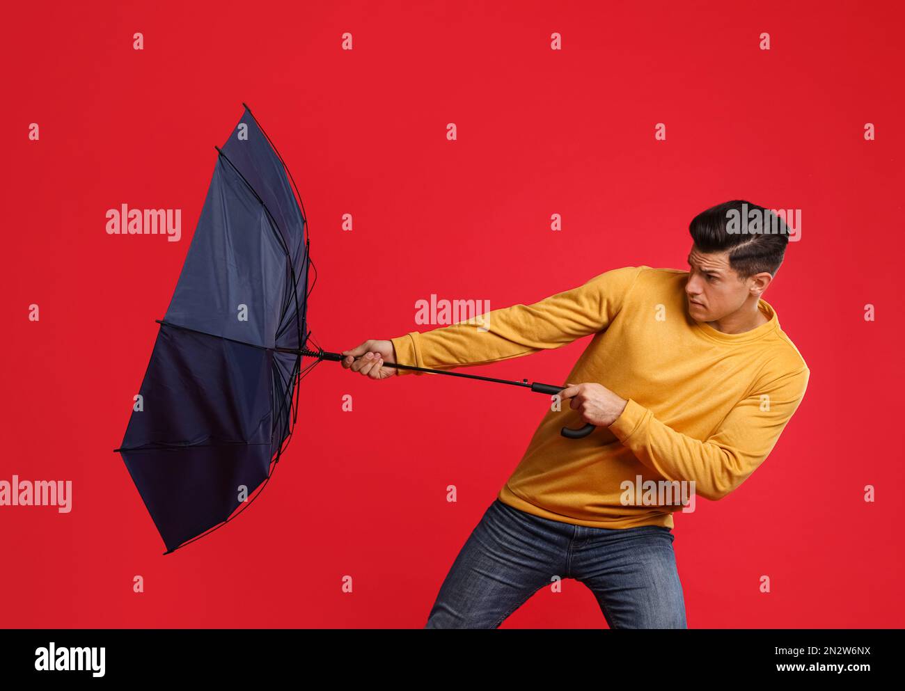 Emotional man with umbrella caught in gust of wind on red background ...