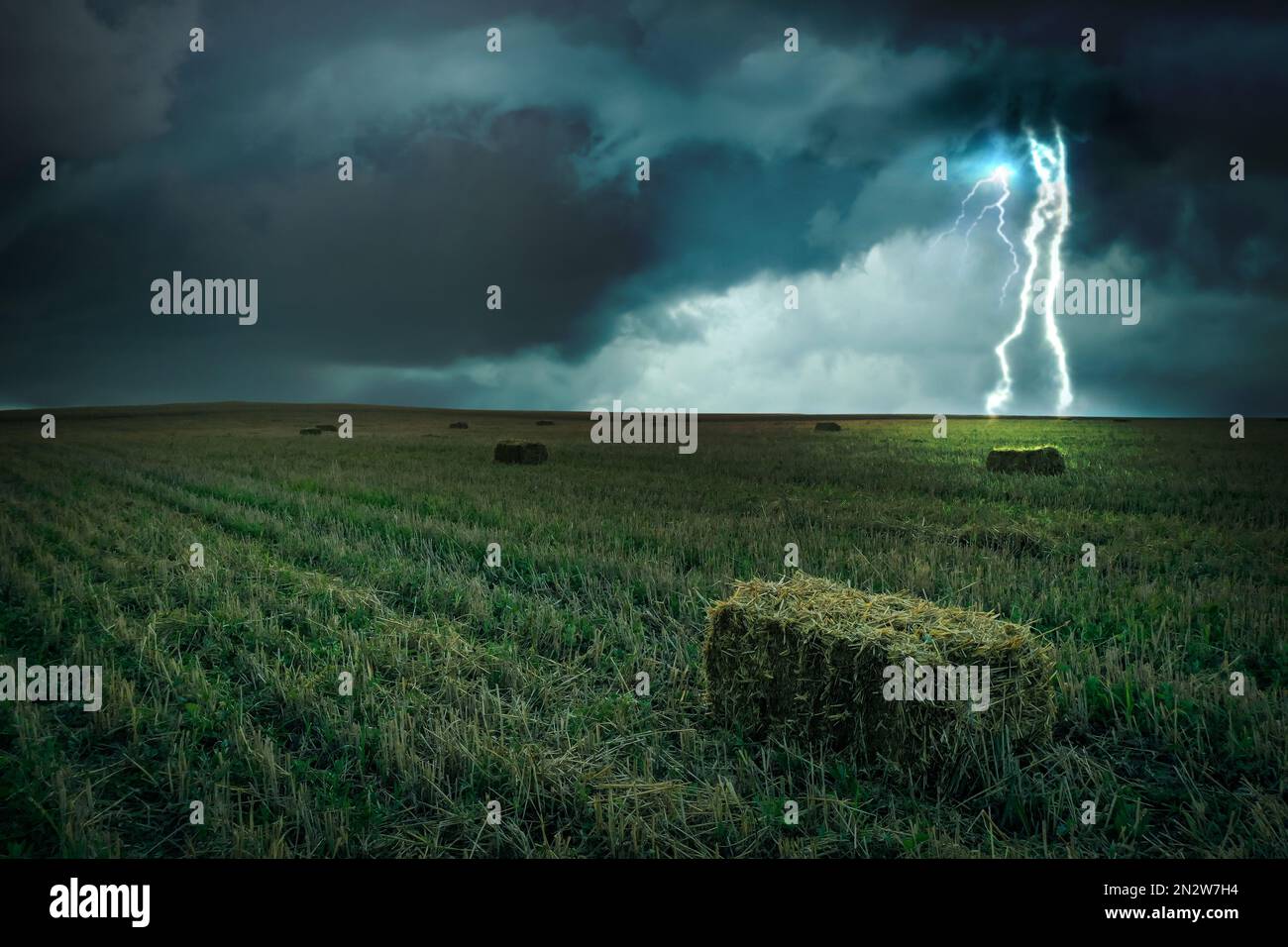 Beautiful thunderstorm over green field. Lightning striking from dark cloudy sky Stock Photo - Alamy