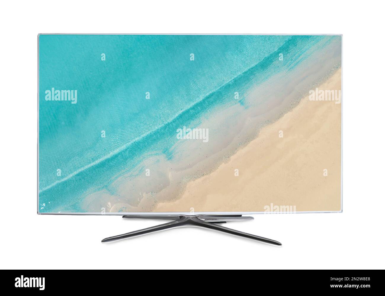 Modern wide screen TV monitor showing sandy ocean beach, isolated on ...