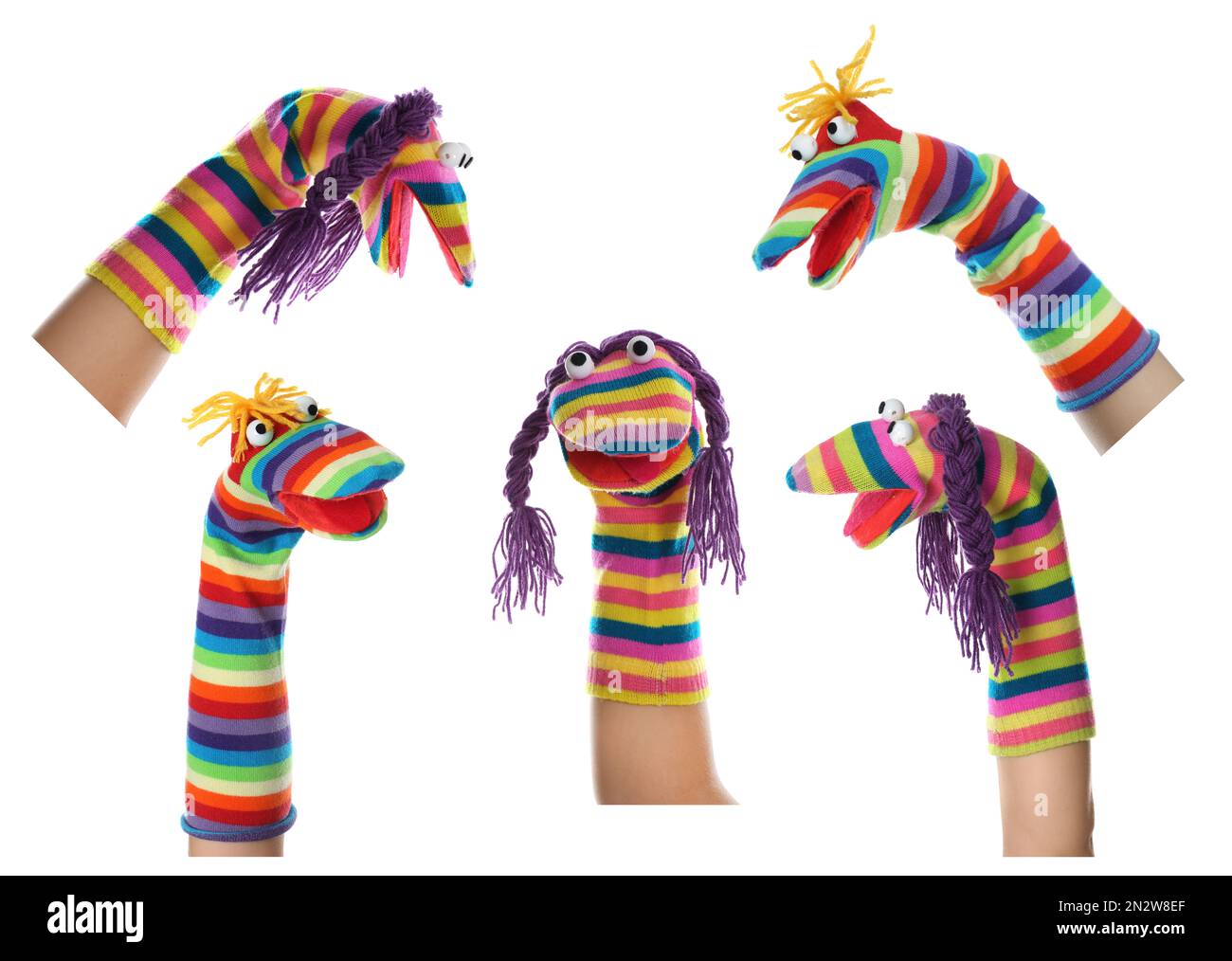 Collage with photos of different puppets for show on hands against ...