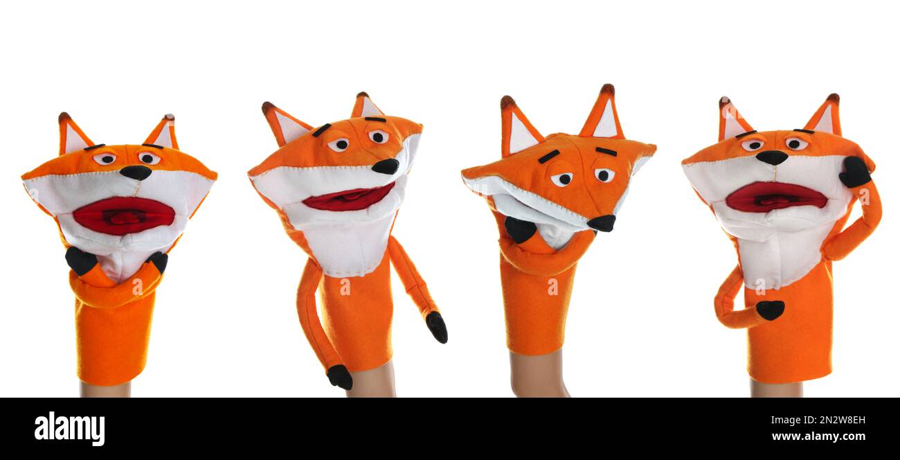 Puppet show. Collage with photos of fox doll on hand against white ...