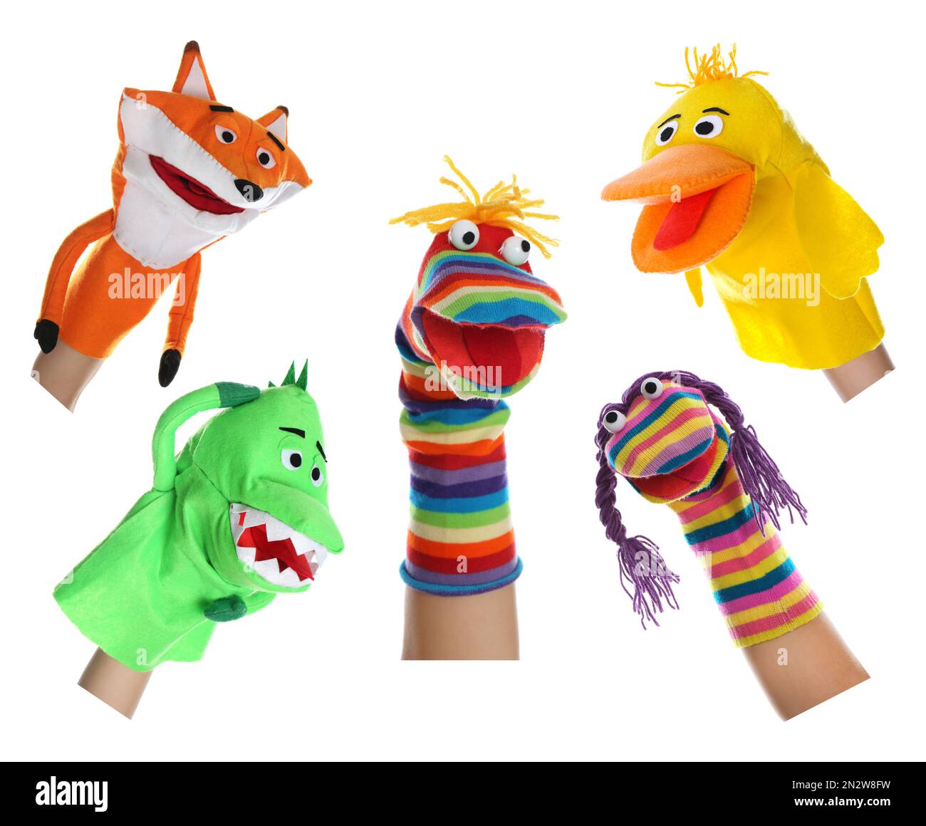 Puppet show. Collage with photos of different dolls on hands against ...