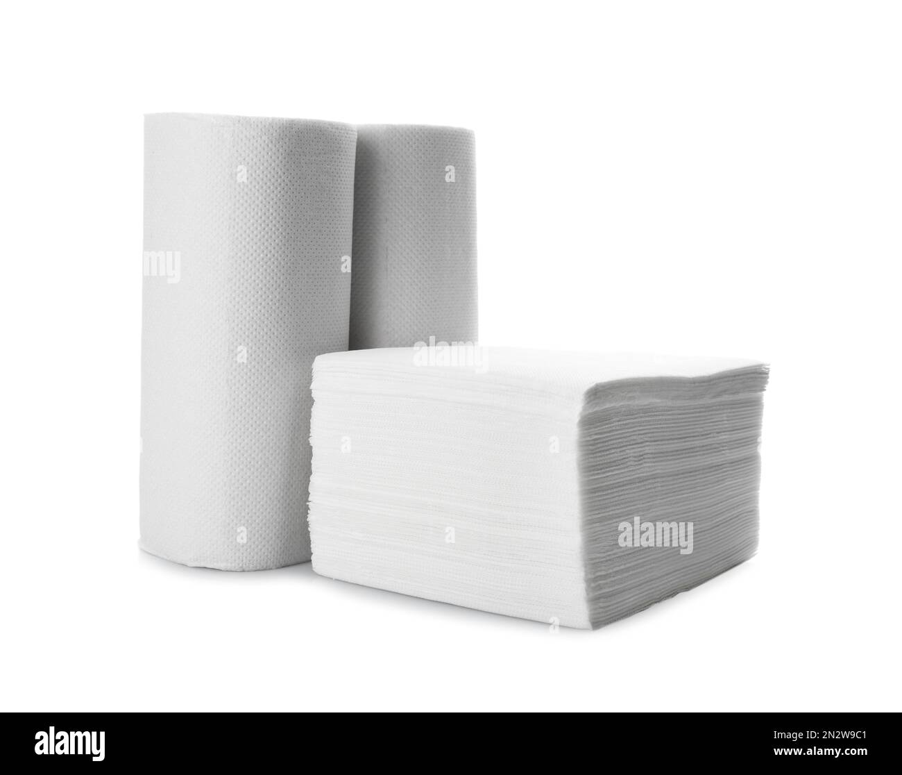Rolls and stack of clean paper tissues on white background Stock Photo ...