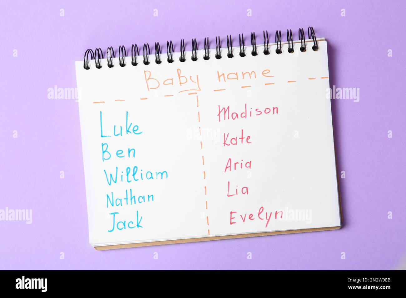 Notebook with lists of baby names on purple background, top view Stock ...