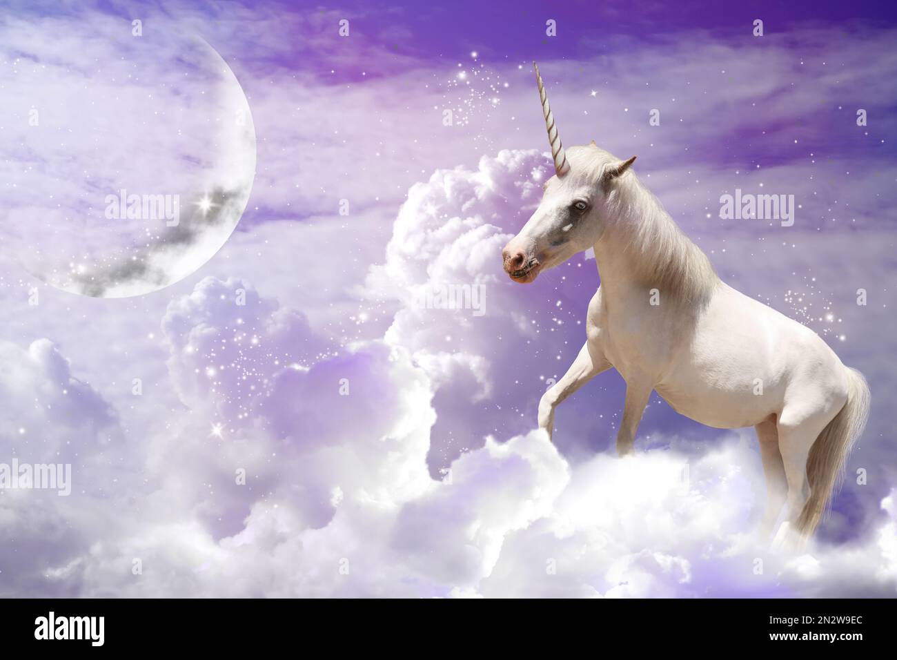 Magic unicorn in fantastic sky with fluffy clouds and crescent Stock ...