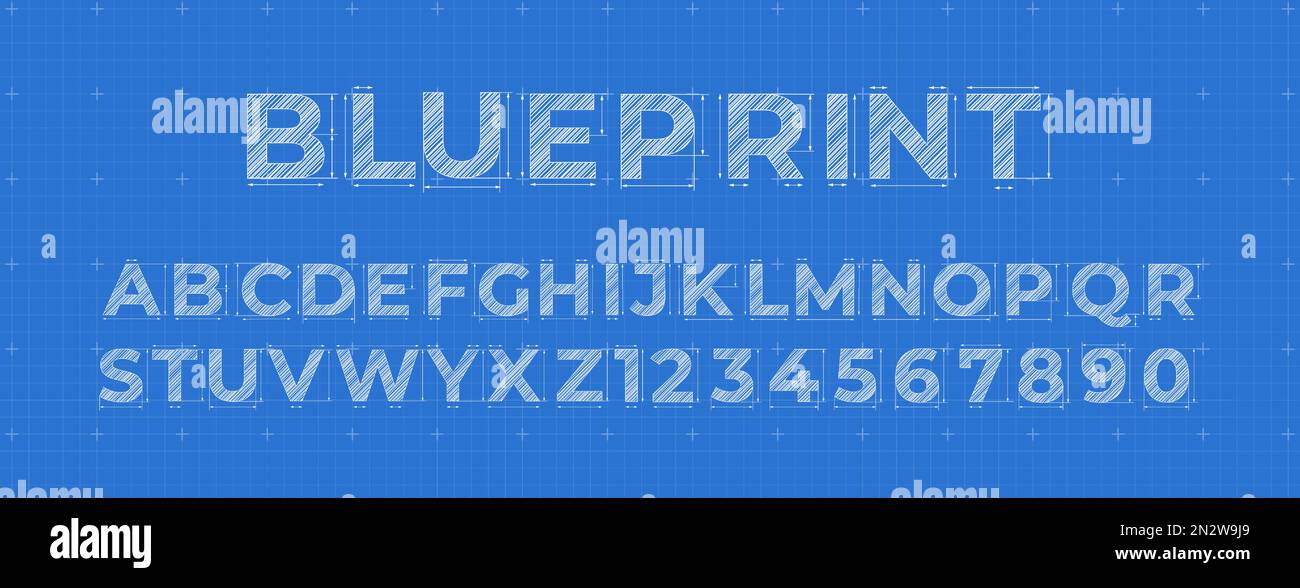 Blueprint lettering. Construction engineer font, architectural alphabet ...