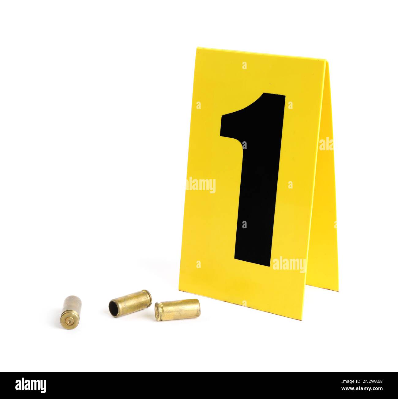 Shell casings and crime scene marker with number Stock Photo - Alamy