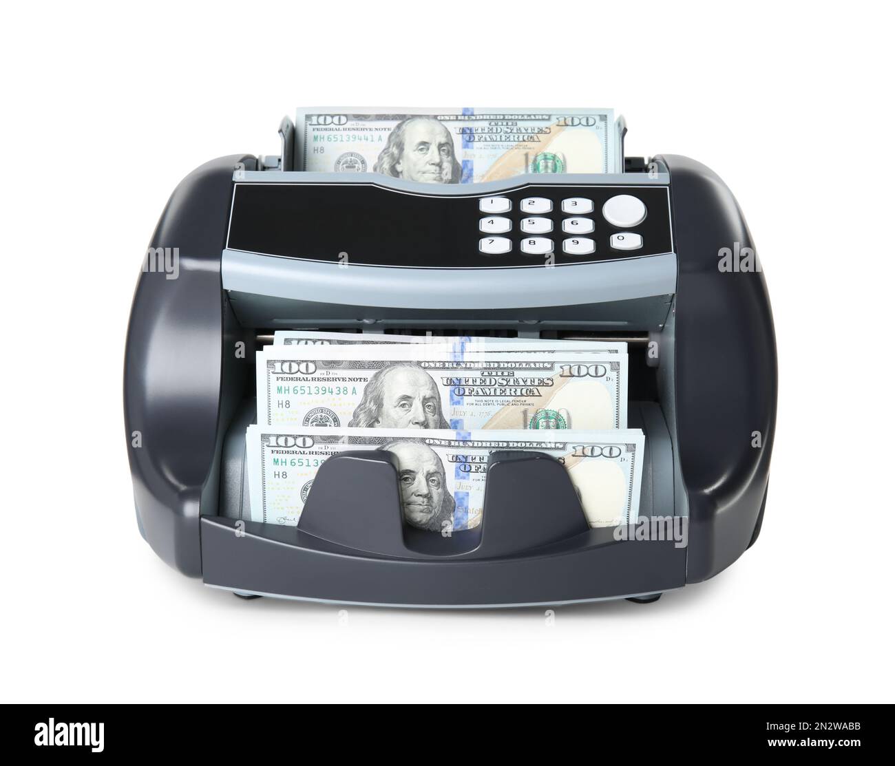 Modern electronic bill counter with money isolated on white Stock Photo ...