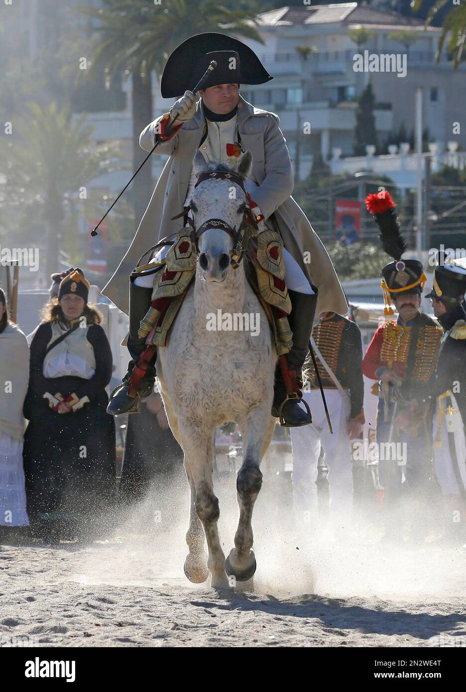 French actor Frank Samson, dressed as French Emperor Napoleon, rides a ...