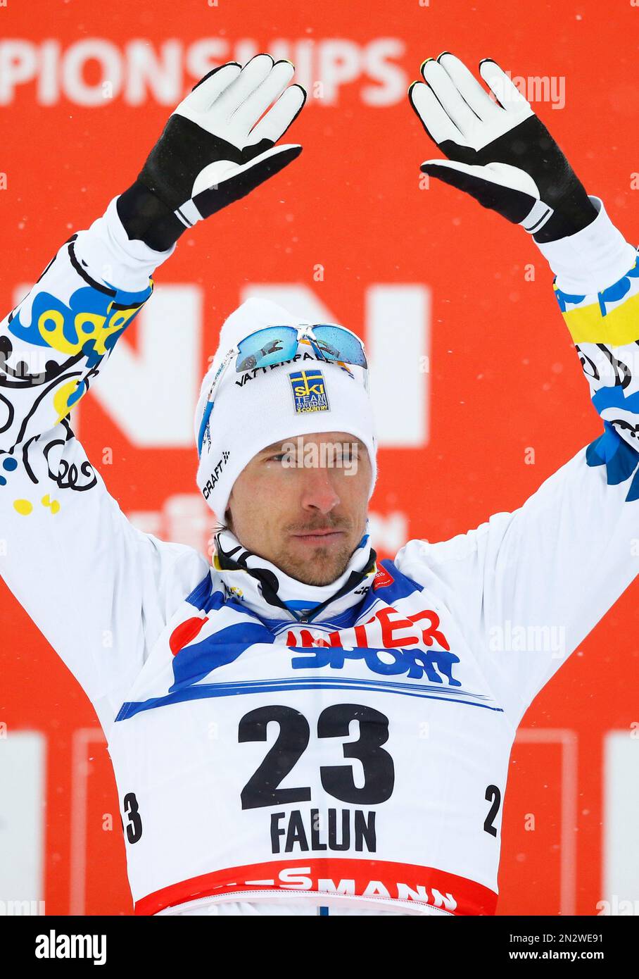 Third placed Sweden's Johan Olsson waves to spectators after the men's ...