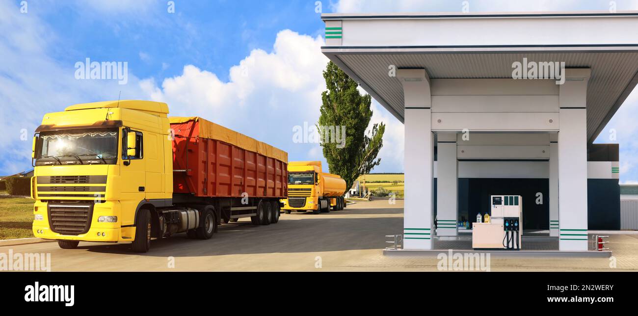 Bright trucks near modern gas filling station. Banner design Stock ...