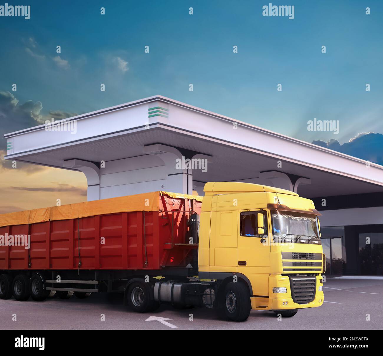 Bright truck fueling on modern gas filling station Stock Photo - Alamy