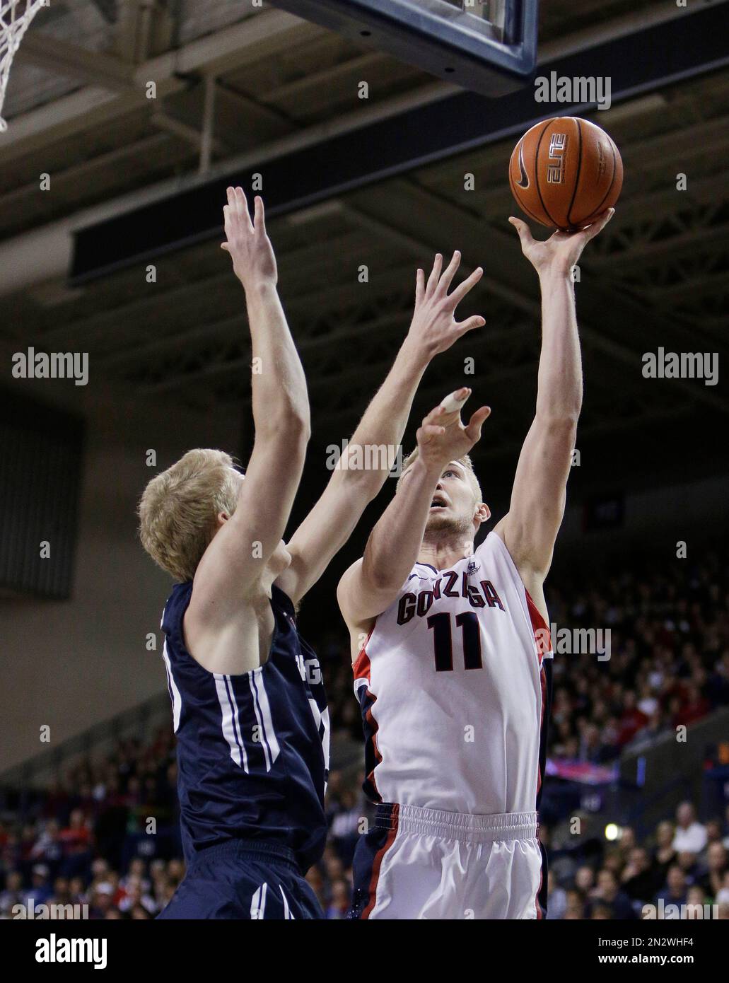 Gonzaga's Domantas Sabonis (11) shoots against BYU's Ryan Andrus during the first half of an ...