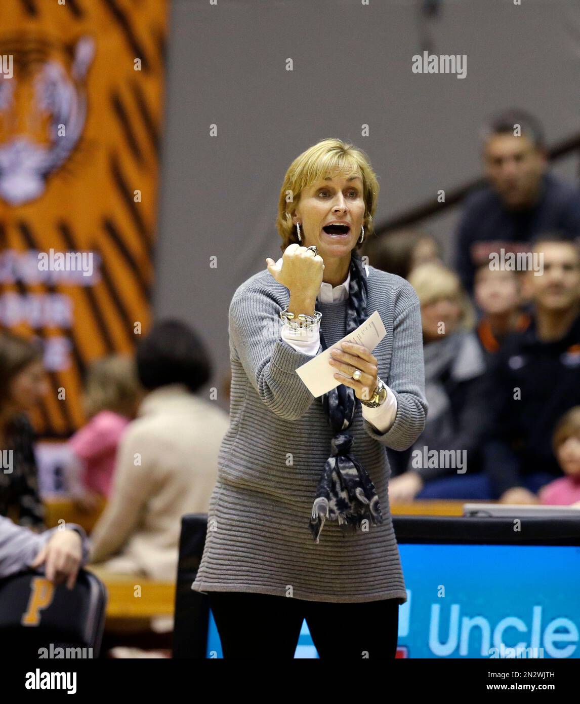 Brown head coach Sarah Behn reacts to play during the second half of an ...