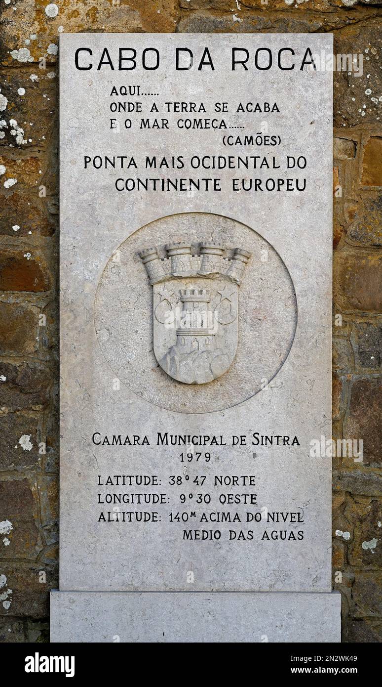sintra, portugal - 2023-01-17: stone plaque indicating geographical ...