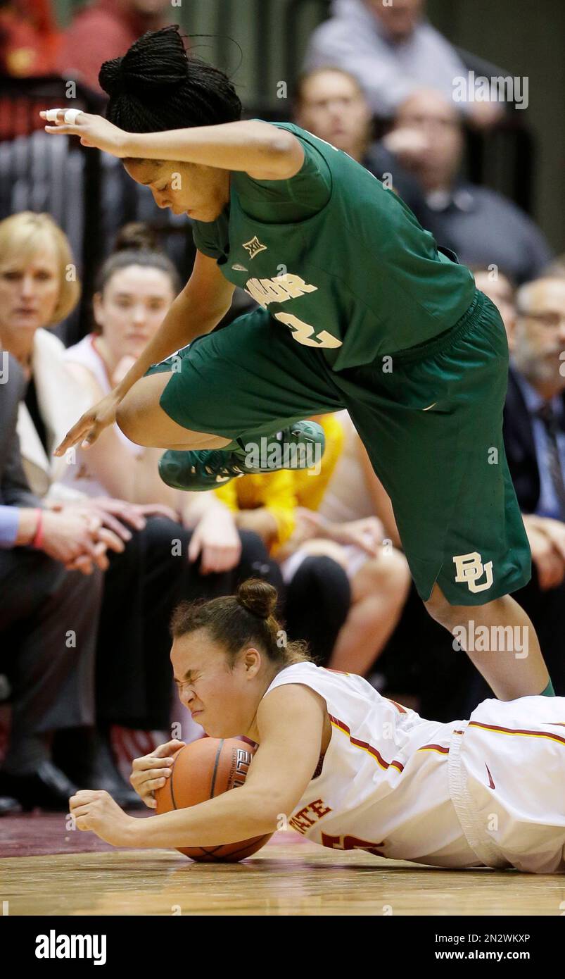 Iowa State guard Nicole Blaskowsky, bottom, grabs the ball under Baylor ...
