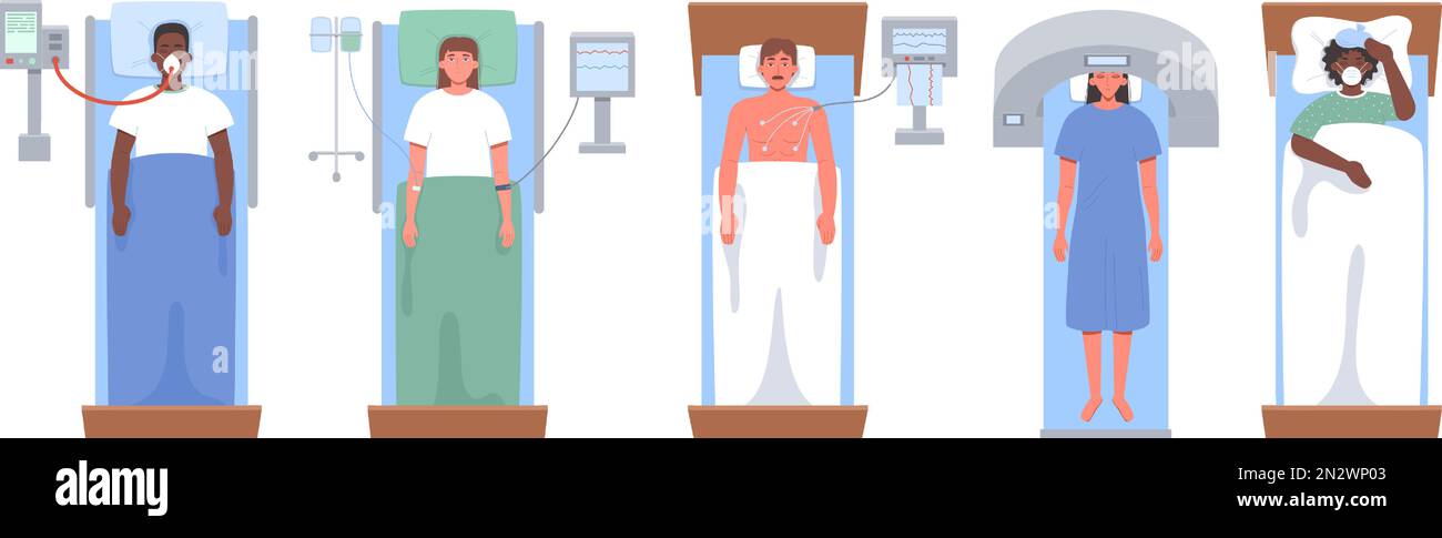 Patient in hospital bed top view. Lung ventilation, cardiogram, dropper ...