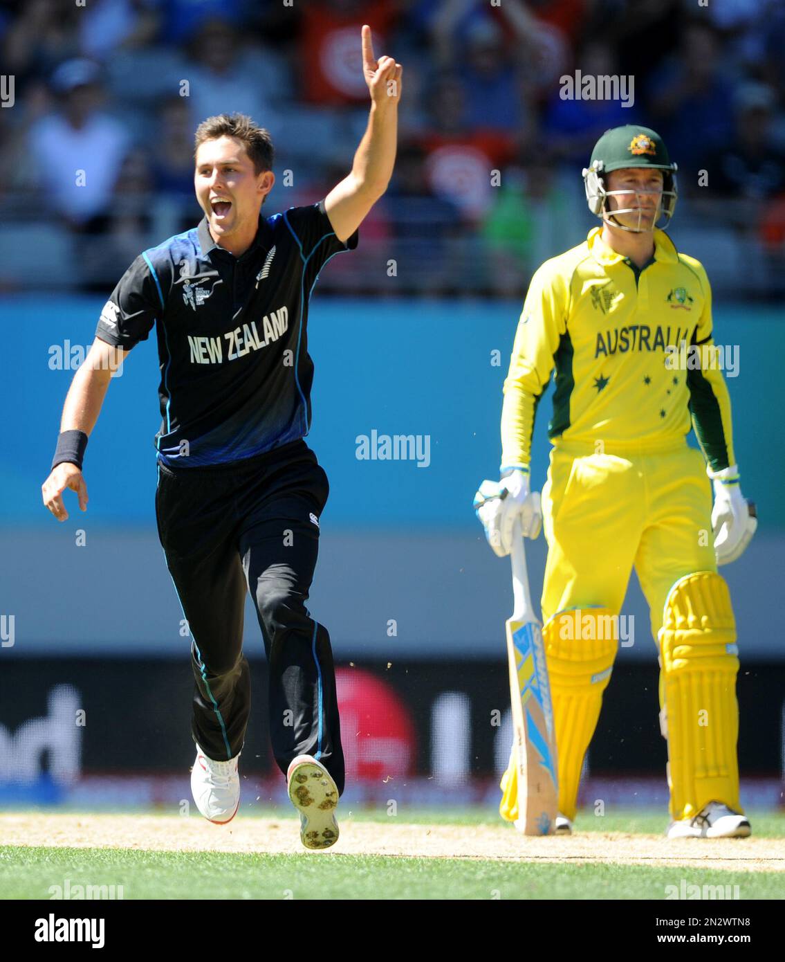 New Zealand’s Trent Boult celebrates after taking the wicket of ...