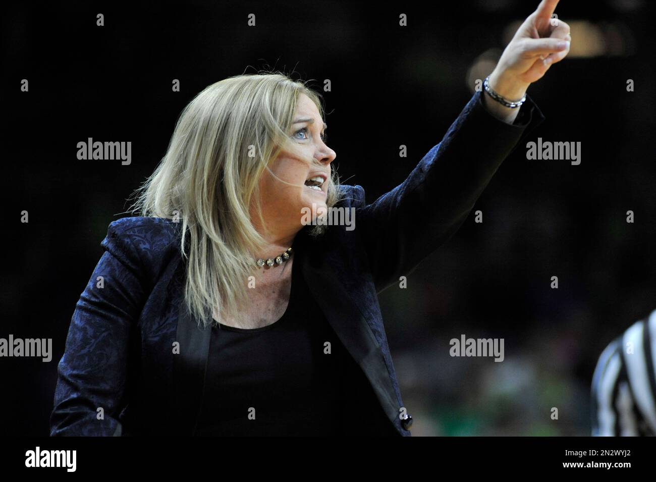 Pittsburgh coach Suzie McConnell-Serio points in an NCAA college basketball game Thursday Feb ...