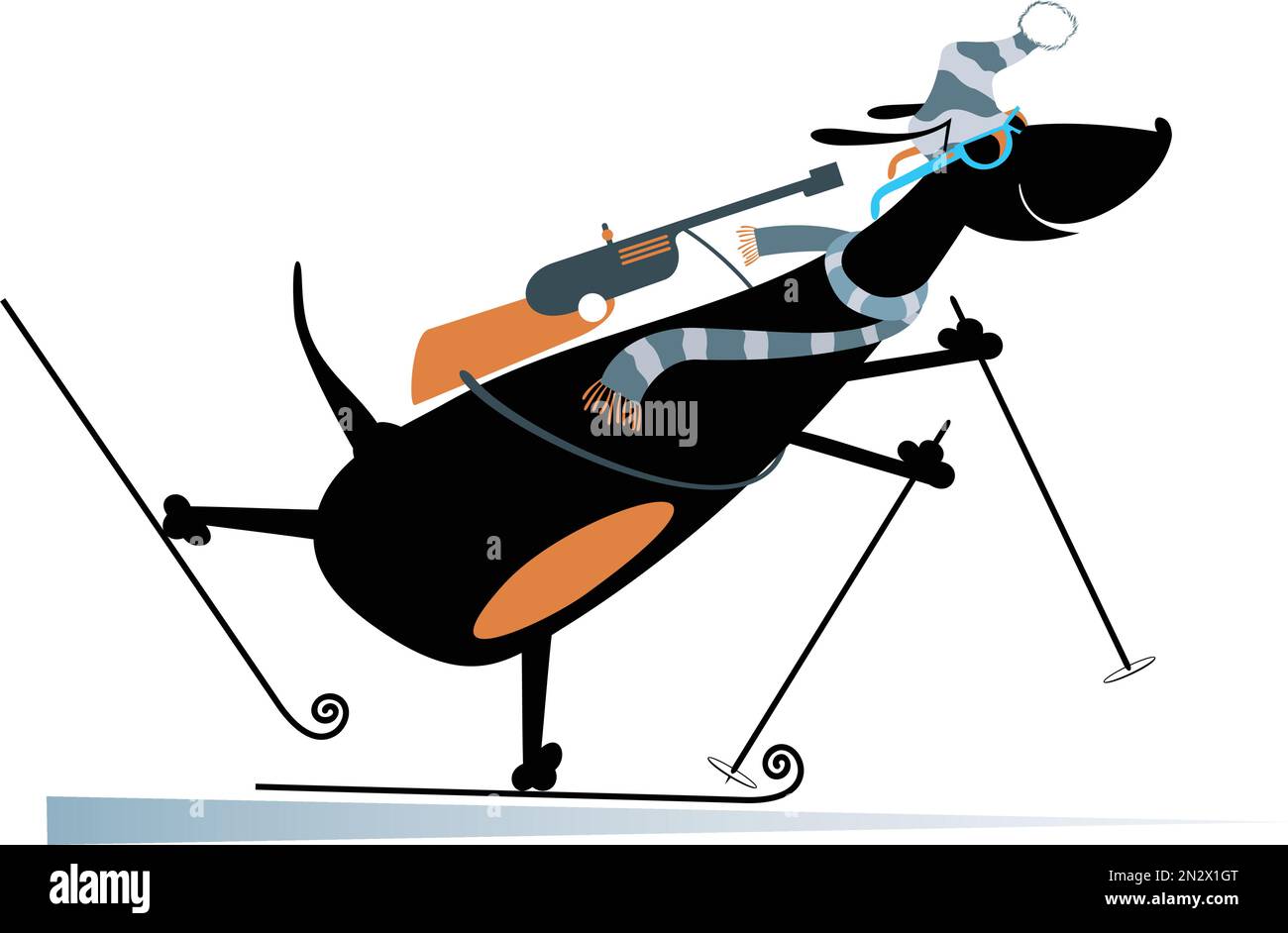 Cartoon biathlon competitor dog. Skiing biathlon competitor dachshund ...