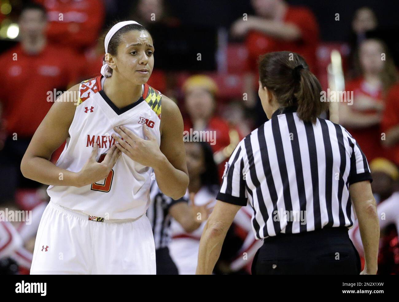 Maryland center Malina Howard, left, argues a call with an official in ...