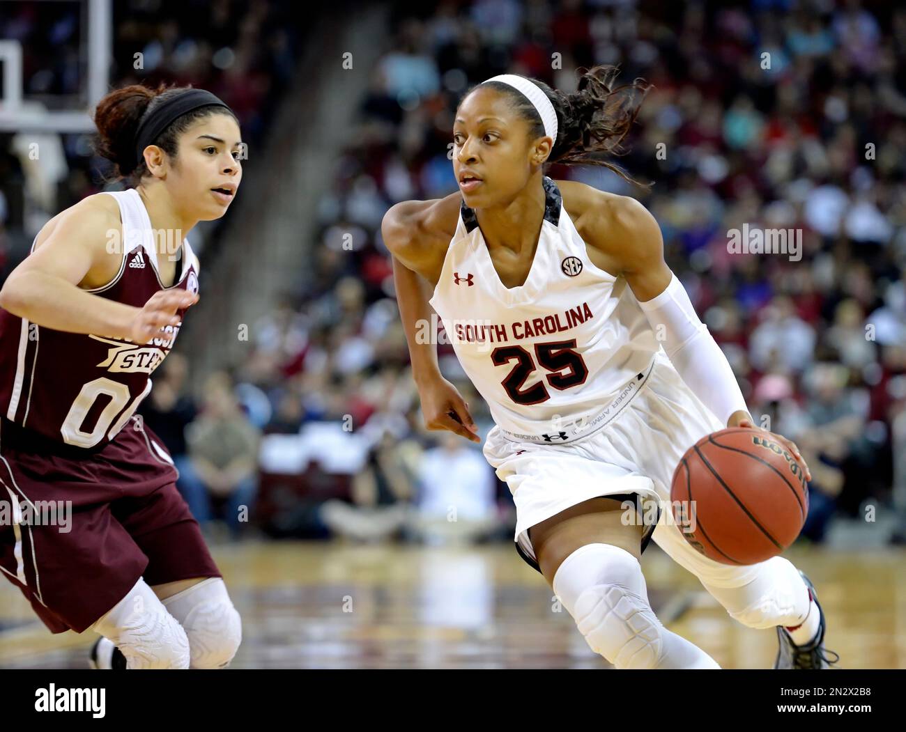 South Carolina's Tiffany Mitchell, right, drives against Mississippi ...