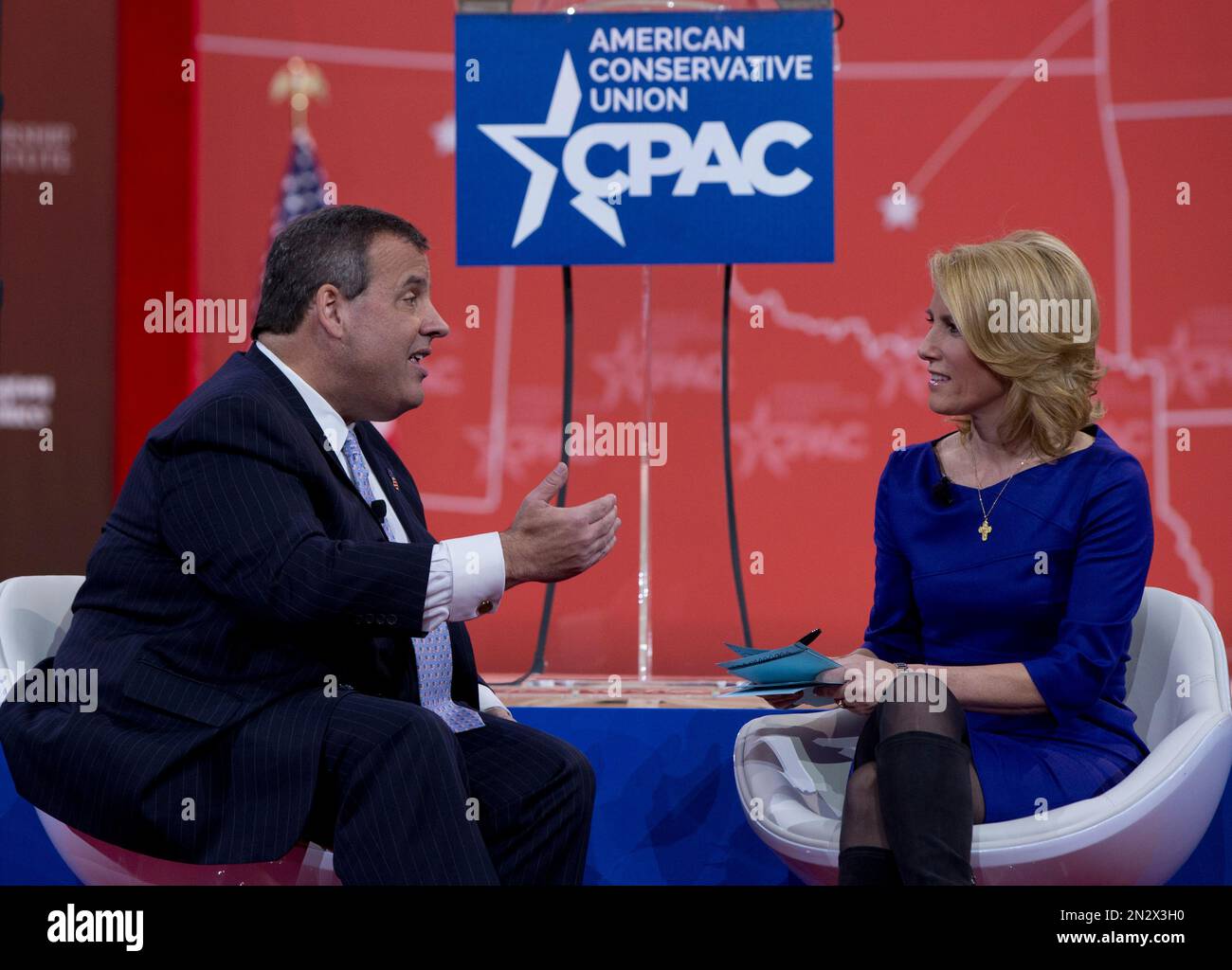 New Jersey Gov. Chris Christie speaks with Laura Ingraham during the ...