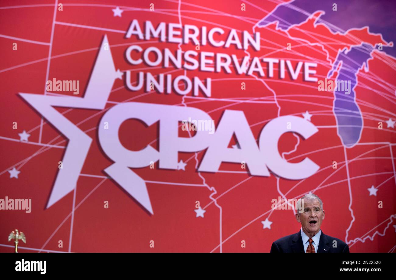 Retired Marine Lt. Col. Oliver North speaks during the Conservative ...