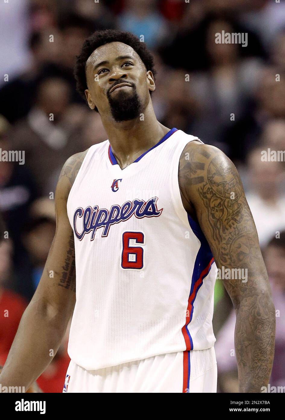 Los Angeles Clippers' DeAndre Jordan makes a face after missing two ...