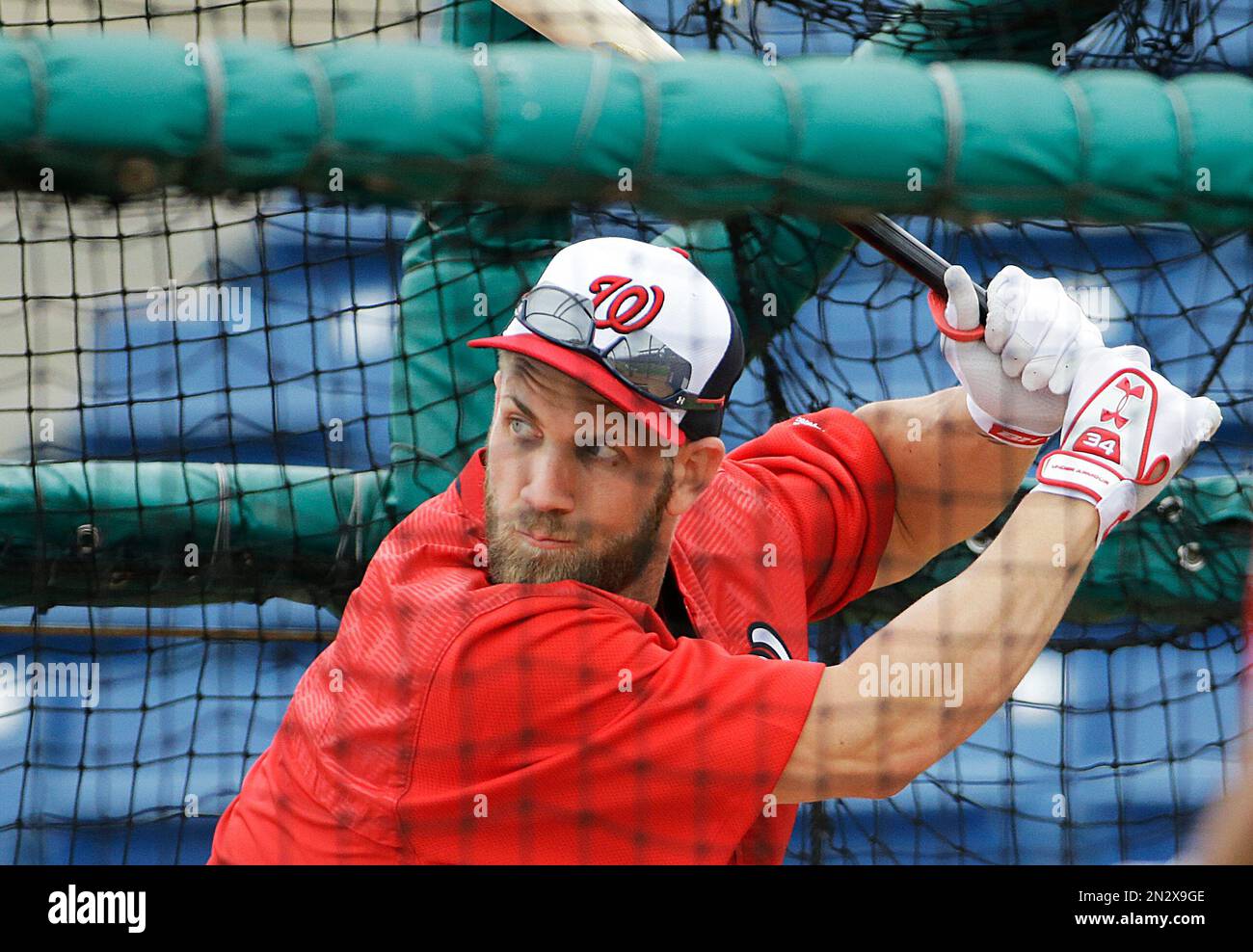 Washington Nationals' Bryce Harper takes batting practice during a ...