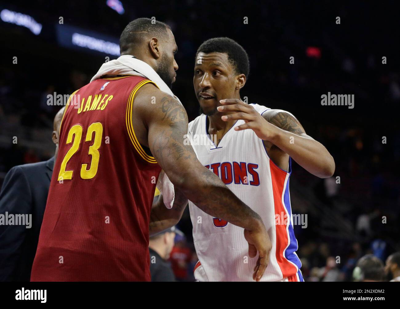 Cleveland Cavaliers forward LeBron James (23) hugs Detroit Pistons ...