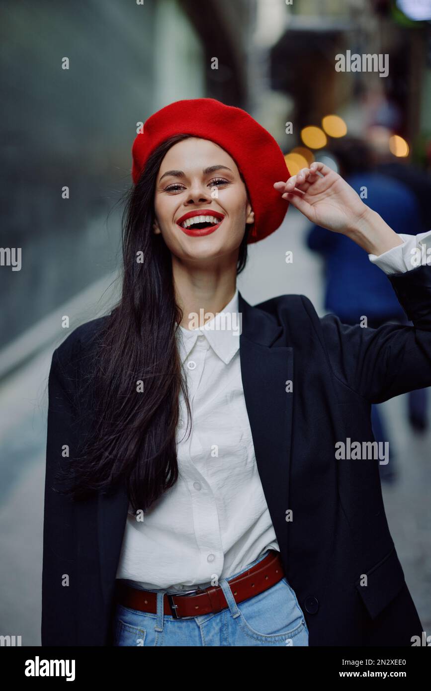 Fashion woman smile with teeth portrait stroll tourist in stylish ...