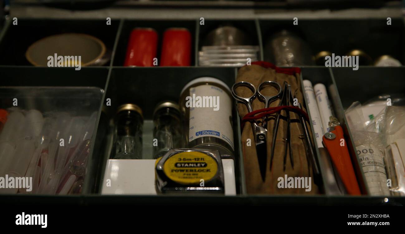 A 1972 London Metropolitan Police forensics kit on display during a ...