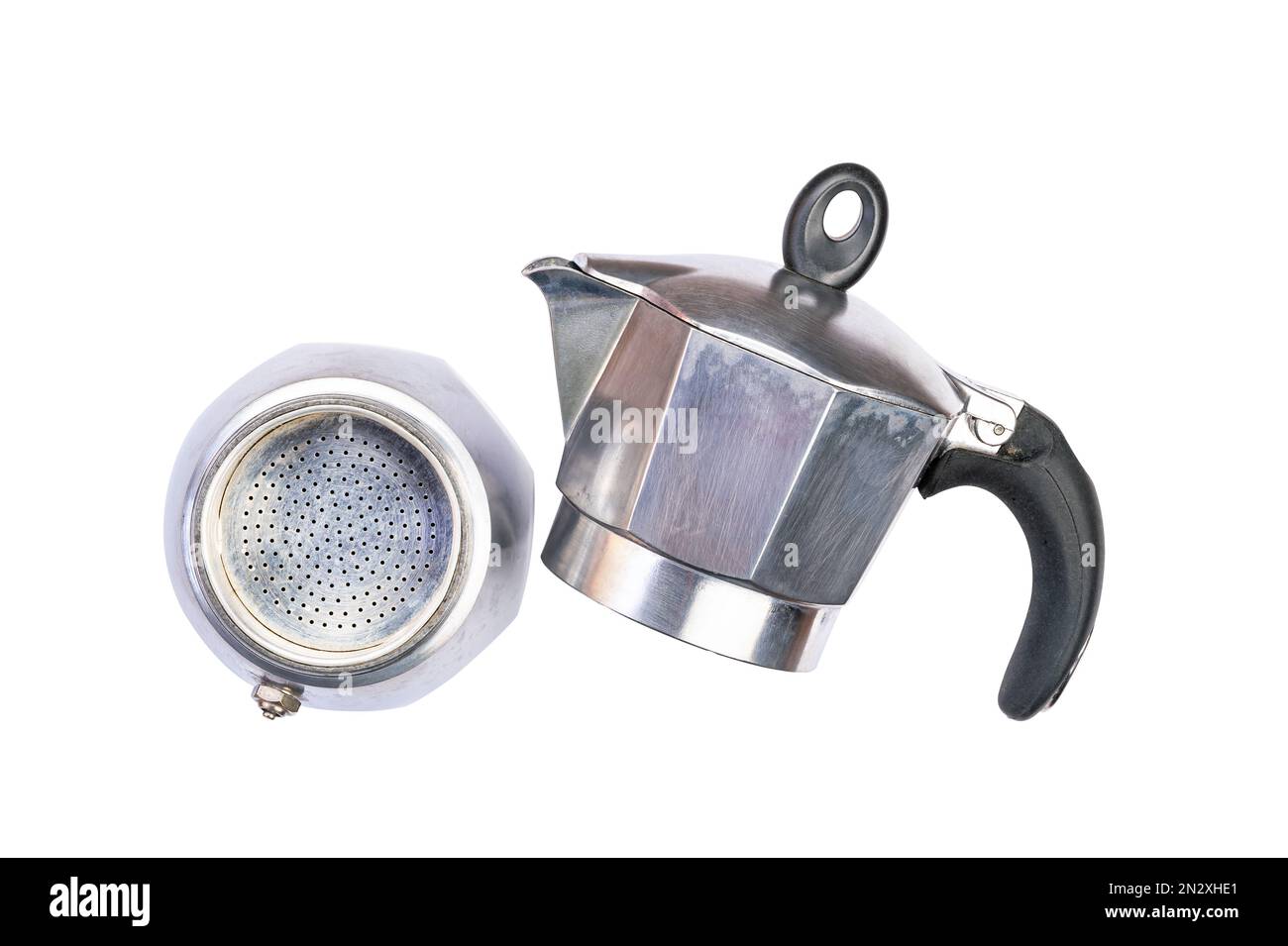 Top view parts of italian moka pot coffee maker isolated on white ...