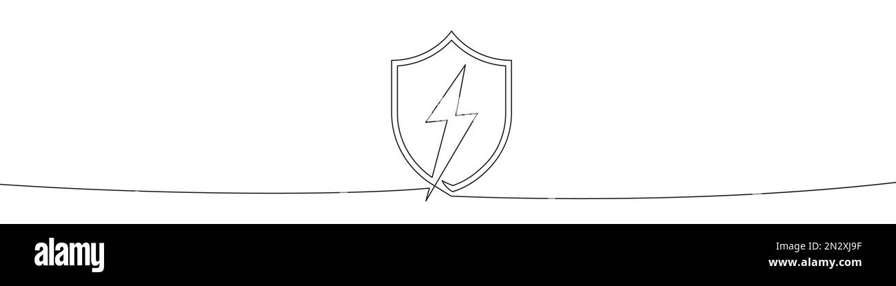 Continuous linear drawing of shield with lightning. Safety concept ...