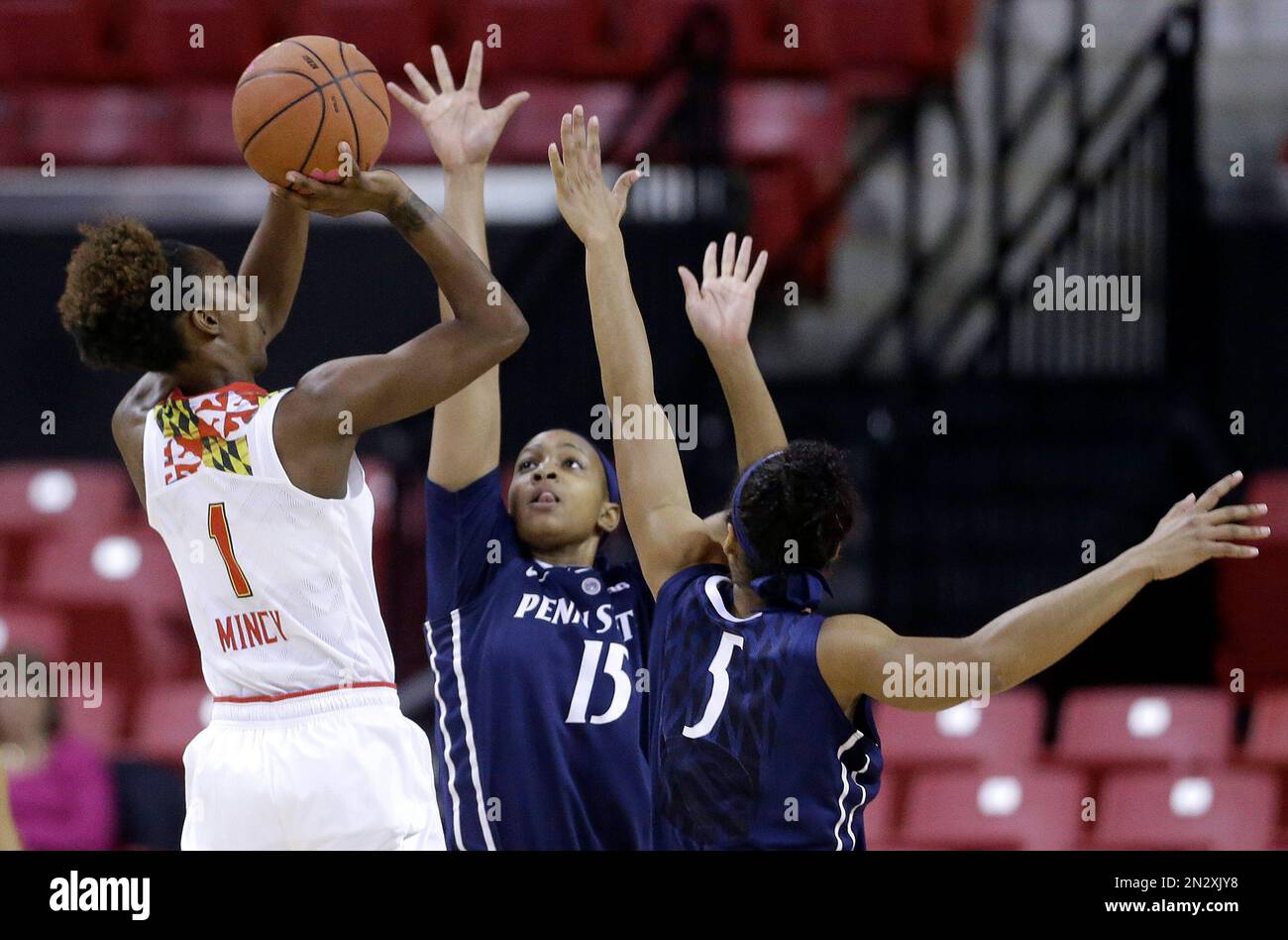 Maryland guard Laurin Mincy (1) shoots over Penn State forward Kaliyah ...