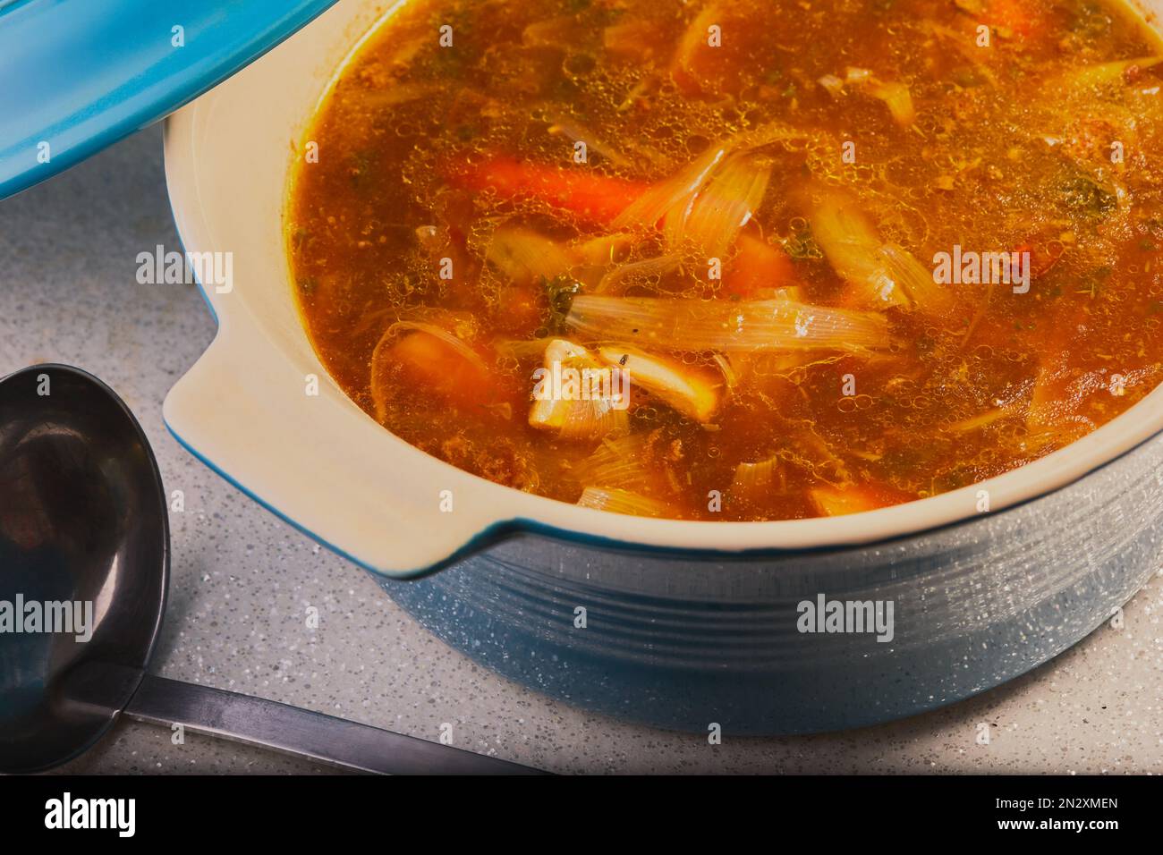 Chicken and vegetable stew in a blue casserole pot Stock Photo - Alamy