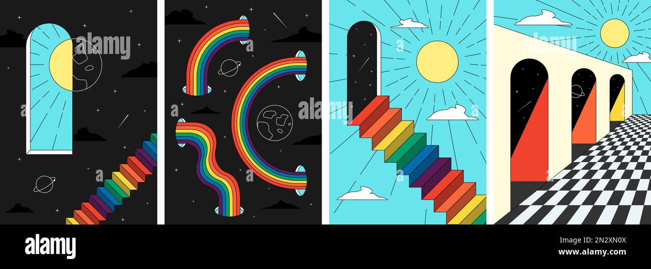 Retro groovy space art poster set. Hippie style sun in surreal cosmic ...
