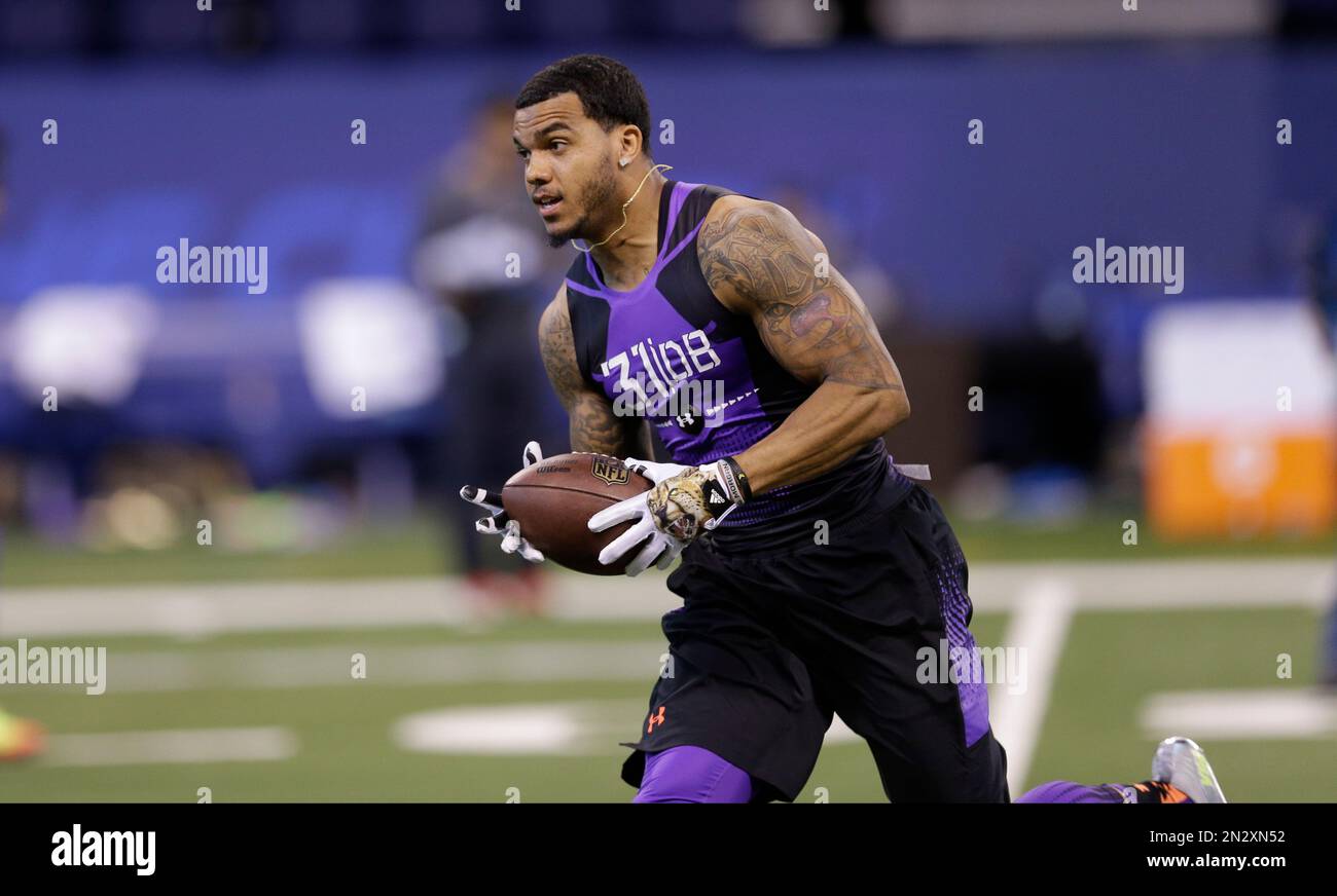 James Madison defensive back Dean Marlowe runs a drill at the NFL ...