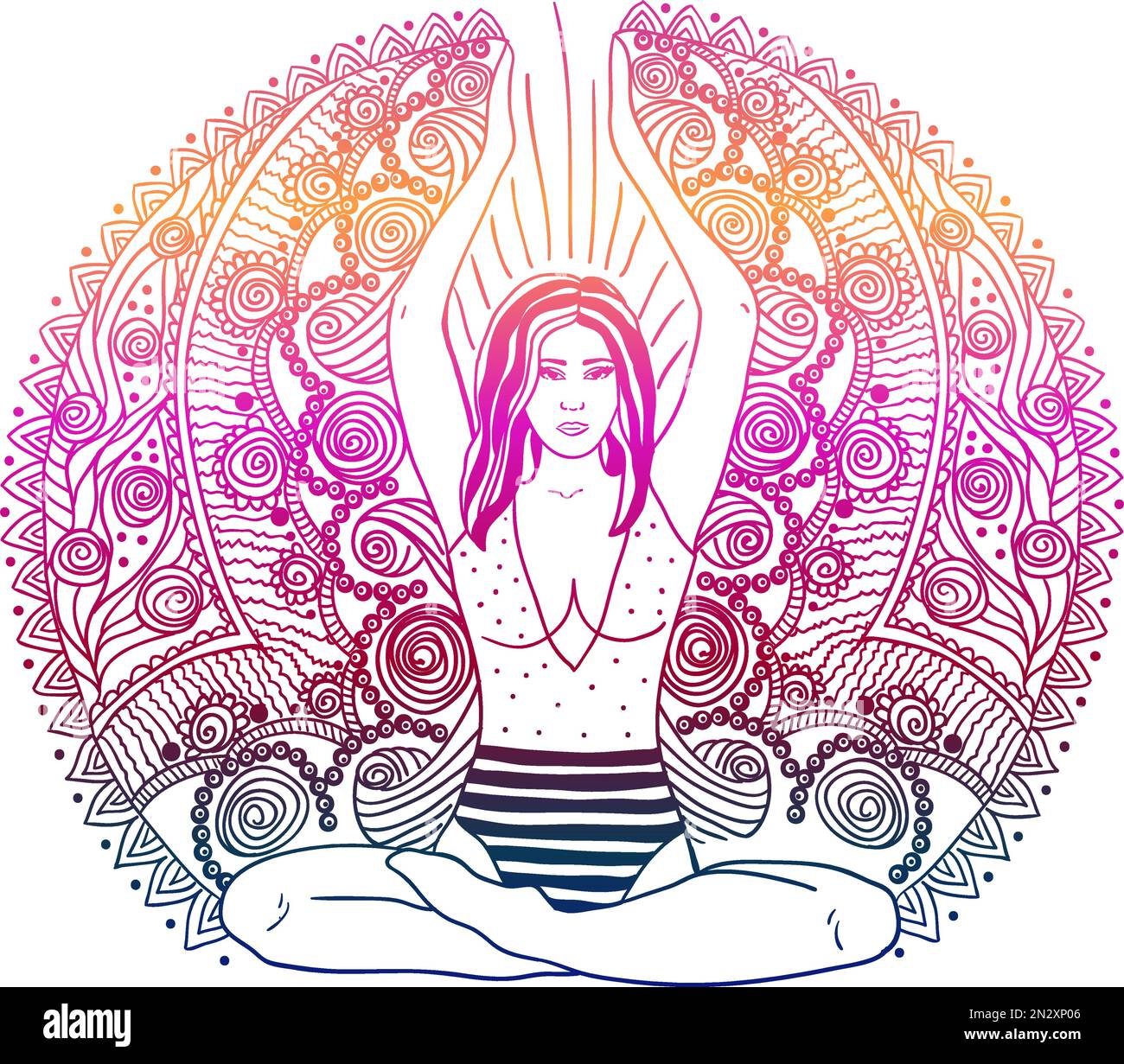 Beautiful Girl with long curly hair sitting in Lotus pose over gold ...