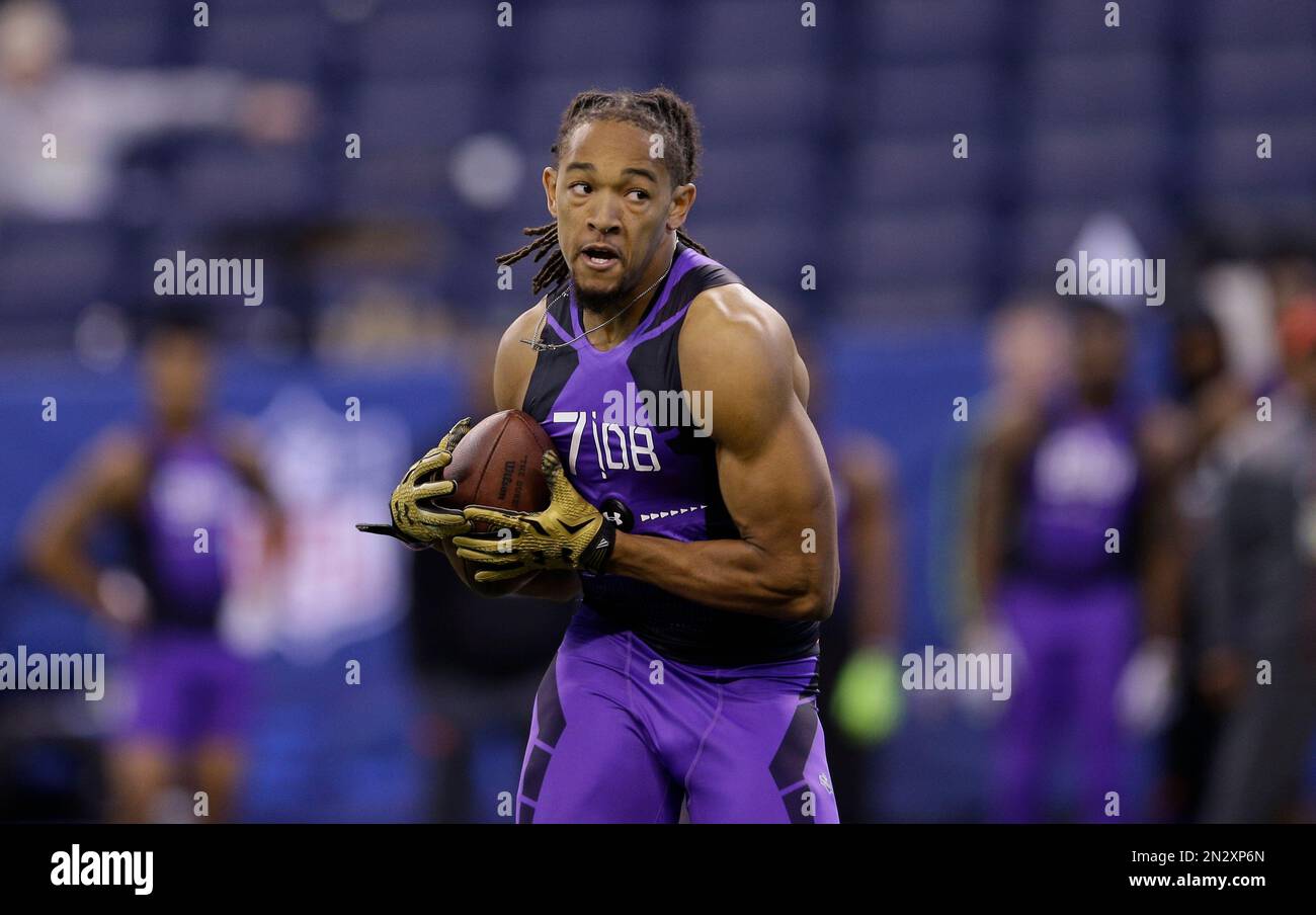 LSU defensive back Jalen Collins runs a drill at the NFL football ...