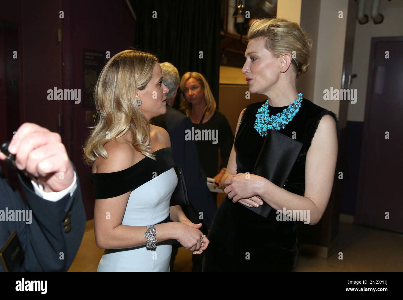 Reese Witherspoon, left, and Cate Blanchett are seen backstage at the ...