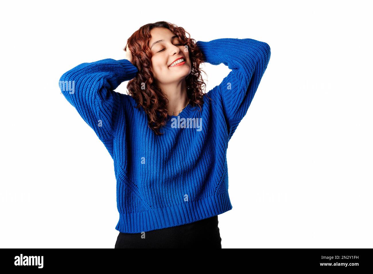 Cute caucasian woman wearing blue pullover sweater isolated over white ...