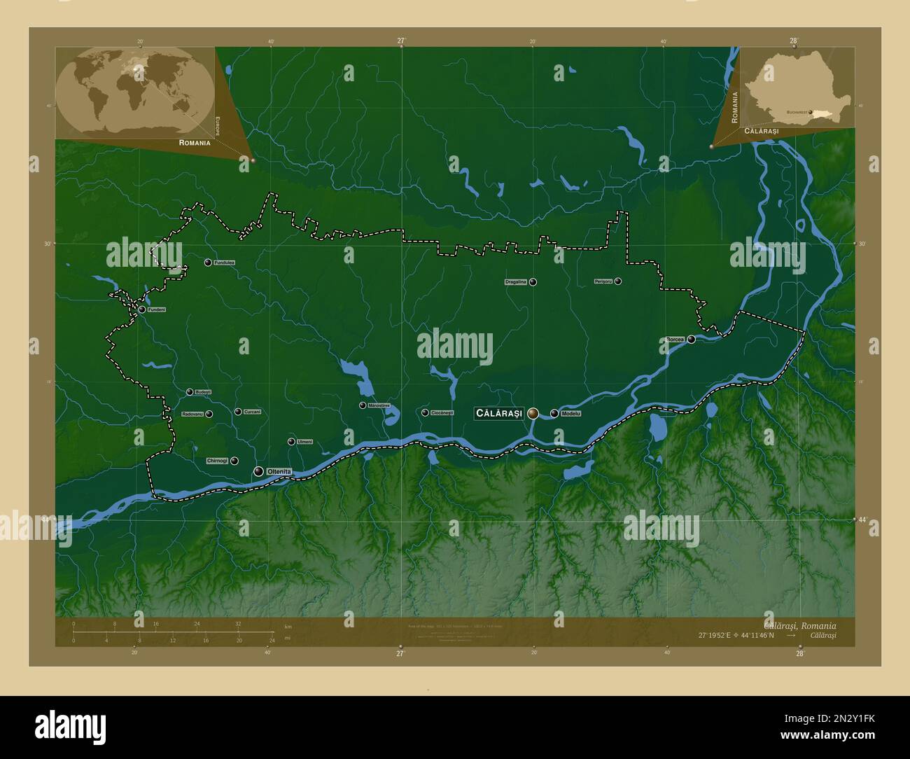 Calarasi, county of Romania. Colored elevation map with lakes and ...