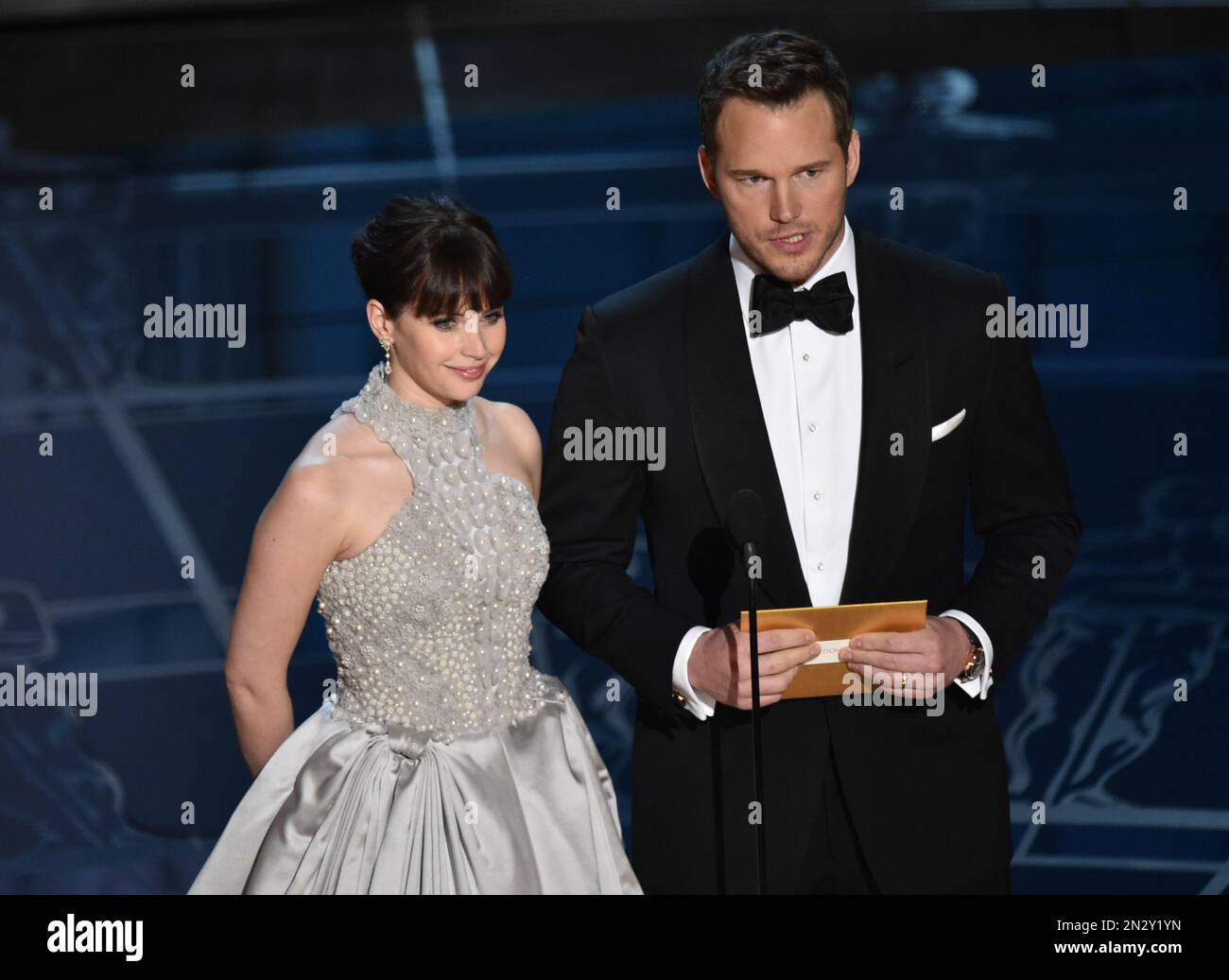 Felicity Jones, left, and Chris Pratt present the award for best ...