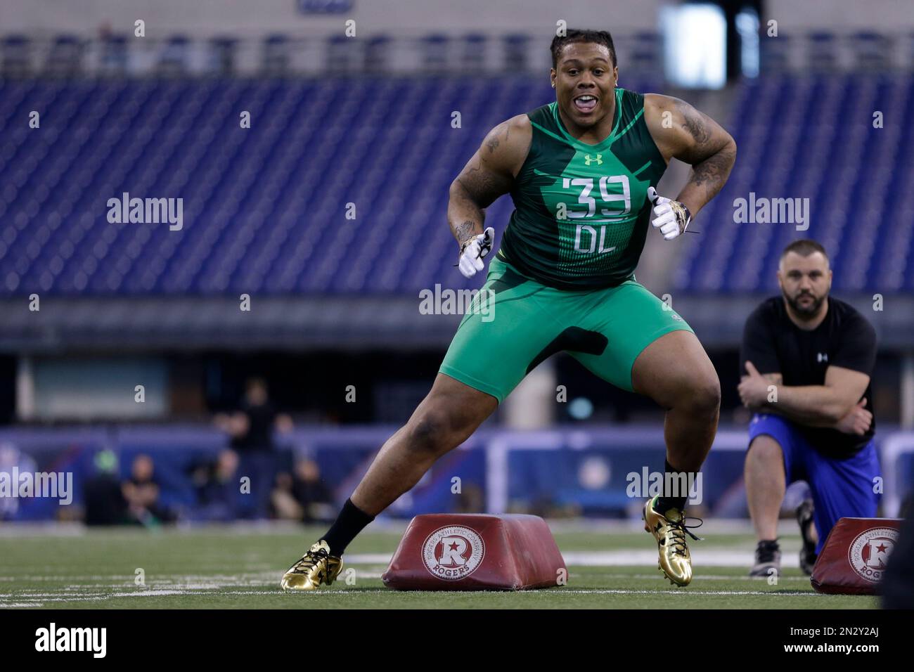 Arkansas defensive lineman Darius Philon runs a drill at the NFL ...