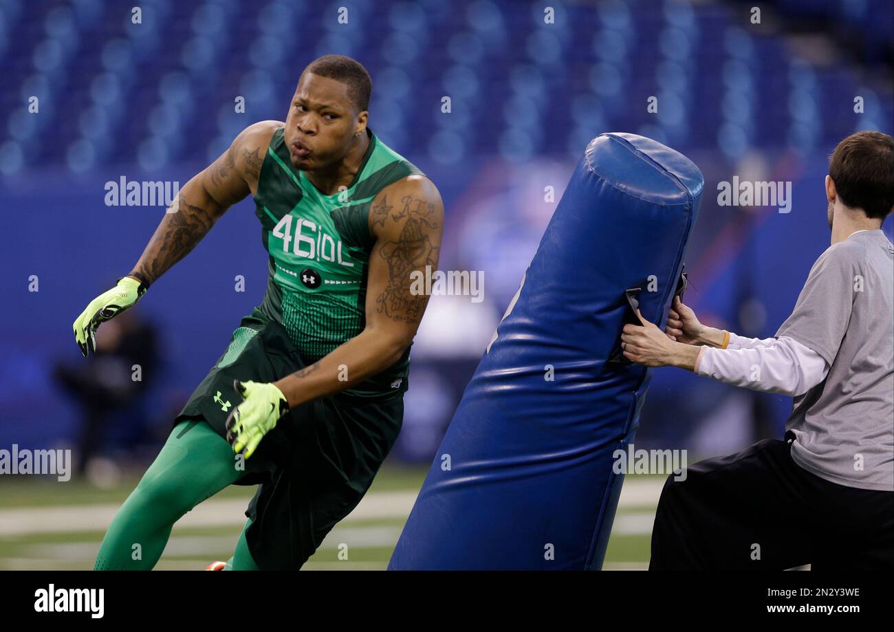 Mississippi State defensive lineman Preston Smith runs a drill at the ...
