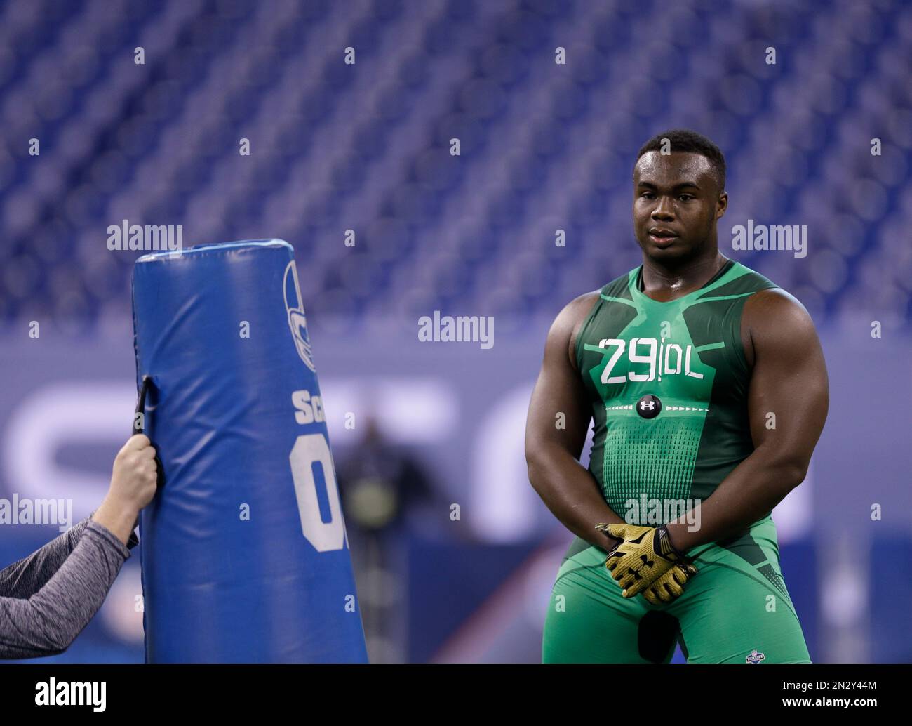 Clemson defensive lineman Grady Jarrett runs a drill at the NFL ...